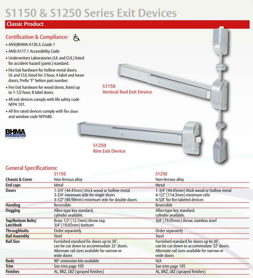 Arrow S1250 36" Rim Exit Device