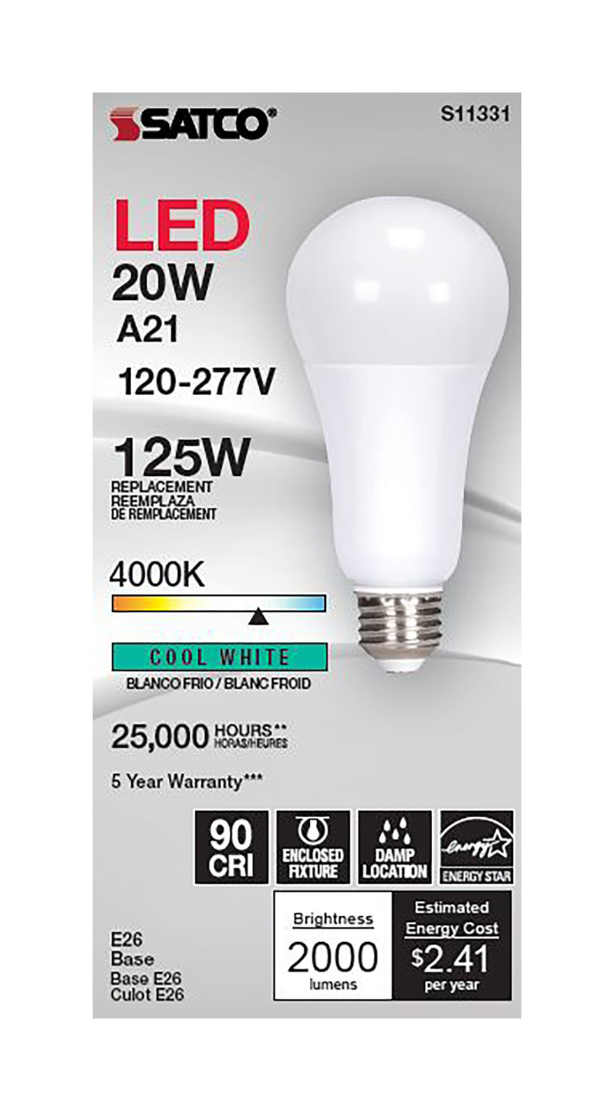 SATCO Lighting S11331 20W, A21 LED, 4000K, Medium Base, 220 degree Beam ...