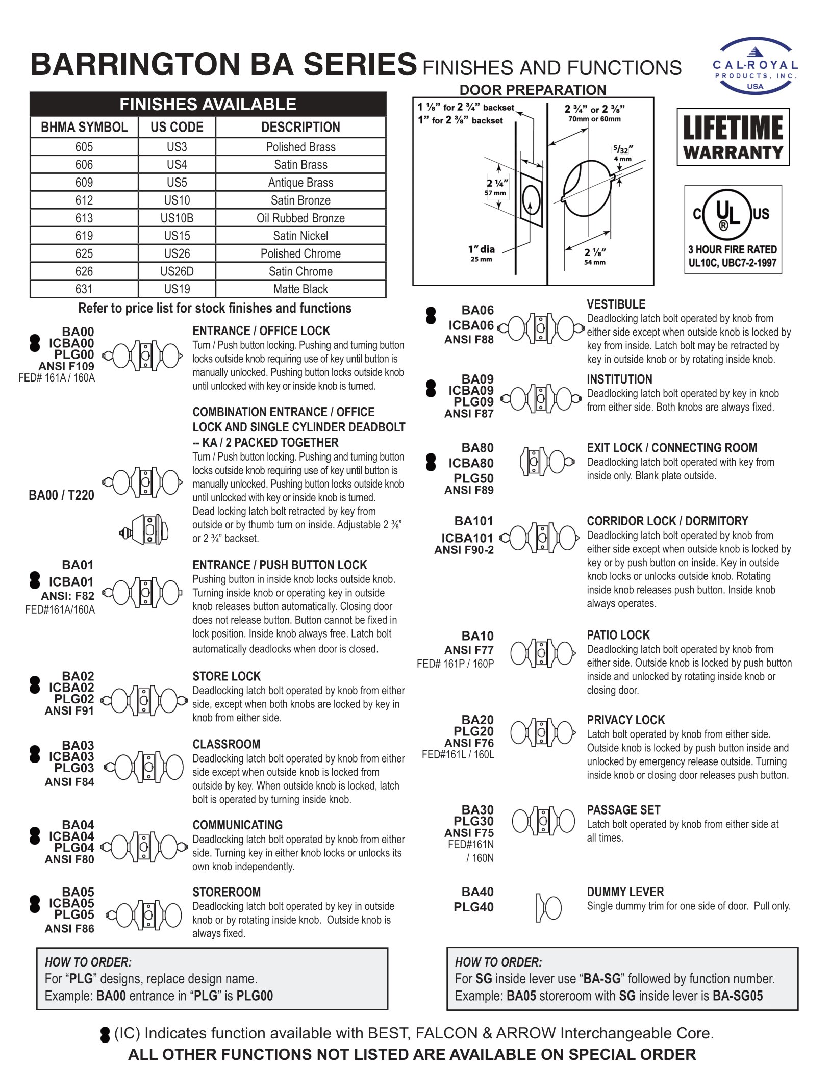 Cal-Royal BA30 Passage Cylindrical Lock - Barrington BA Series