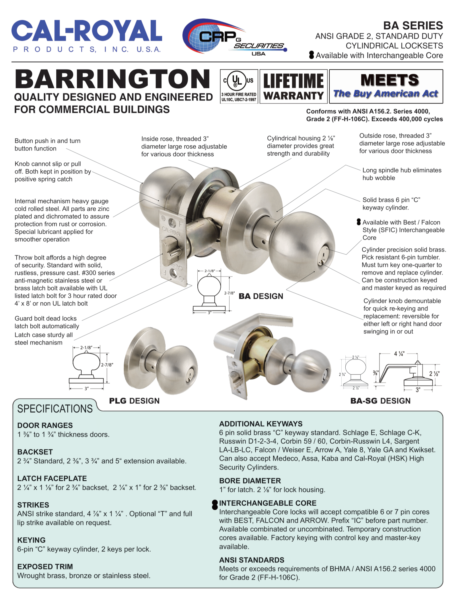 Cal-Royal BA30 Passage Cylindrical Lock - Barrington BA Series