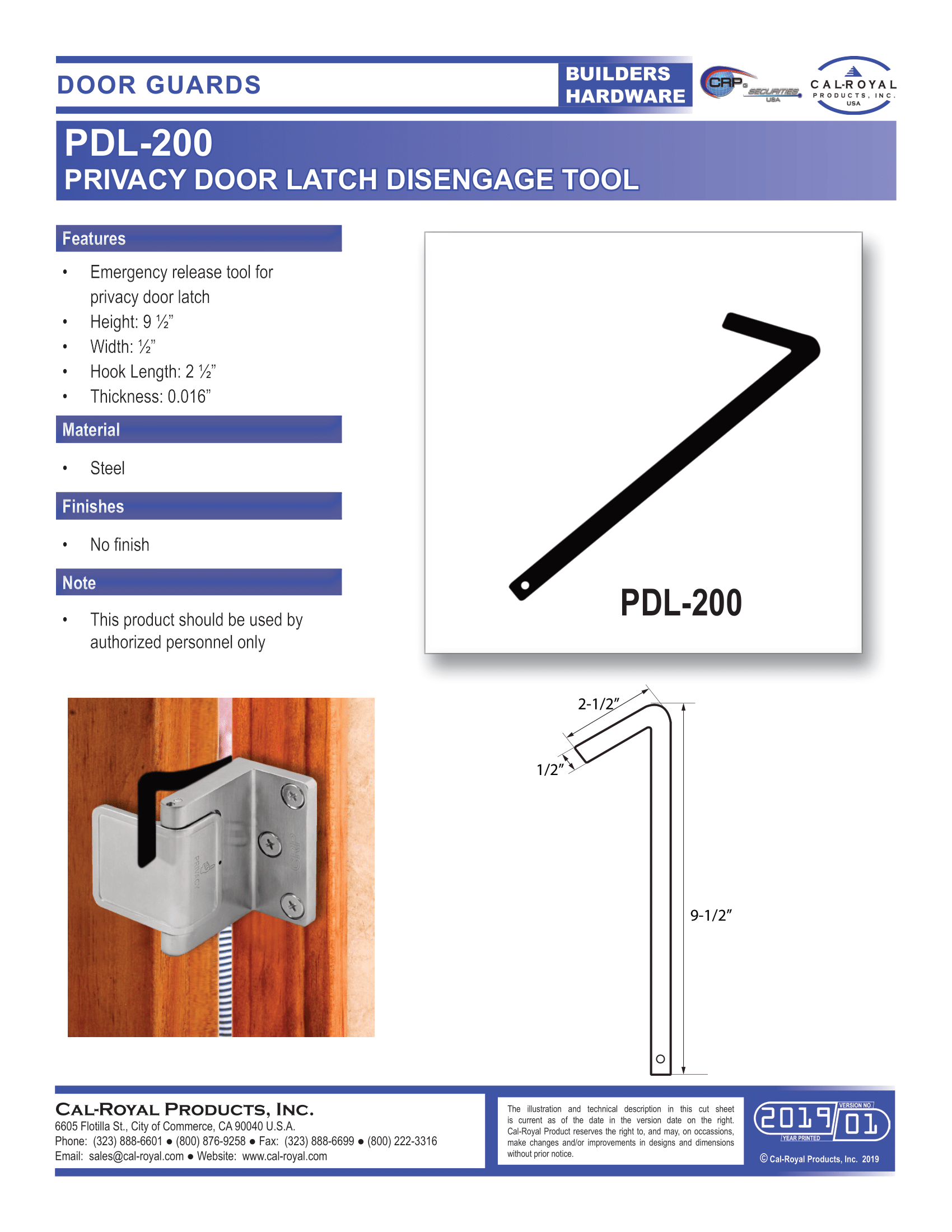 Cal-Royal PDL-200 Privacy Door Latch Disengage Tool, Steel Material ...