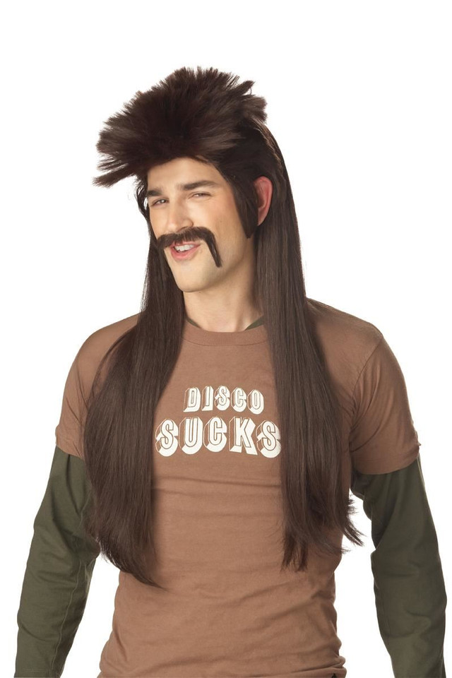 Brown Mullet Wig & Stache - CostumeVille