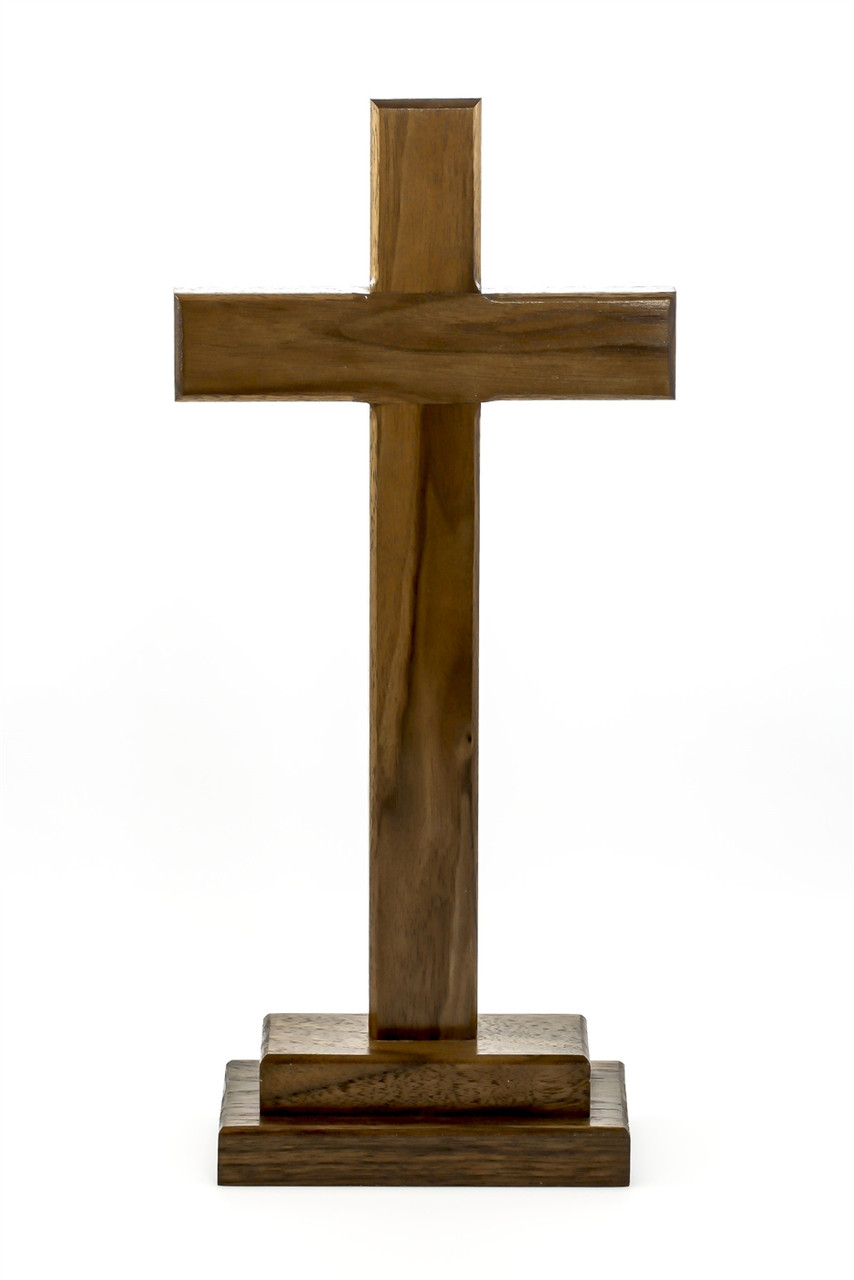 13" Plain Walnut Standing Cross - Catholic Free Shipping