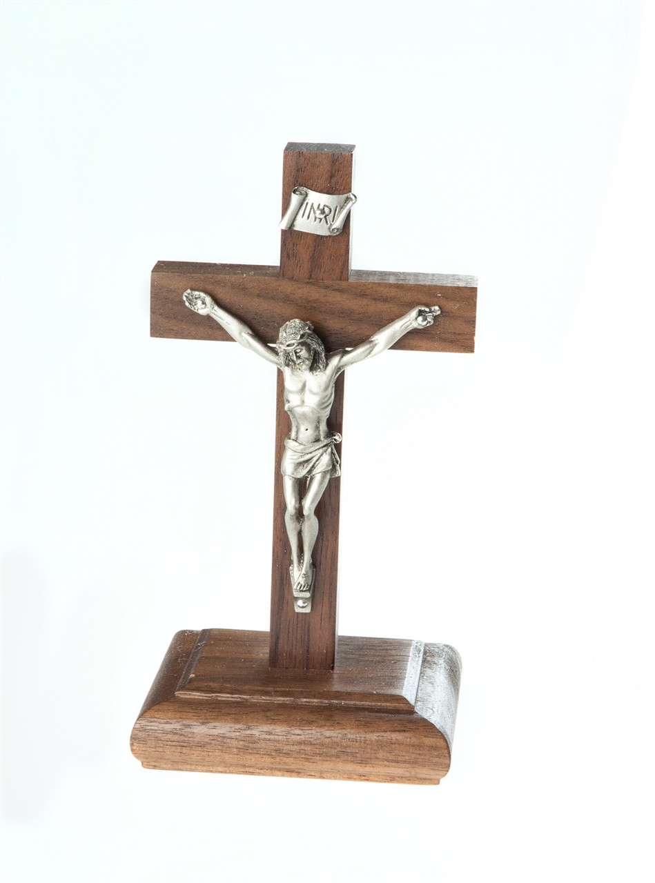 6" Walnut Standing Crucifix, 3.5" Antique Pewter Finish Corpus JC-6010 ...