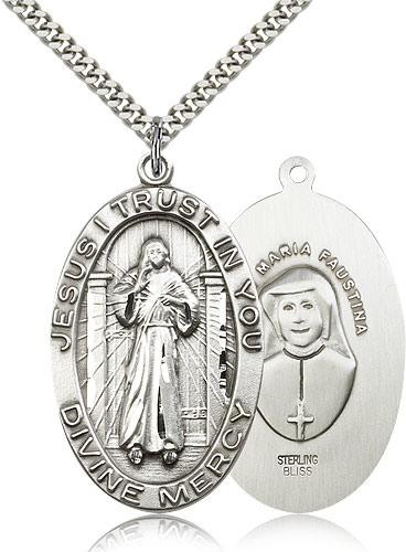 Sterling Silver Divine Mercy Pendant, Stainless Silver Heavy Curb Chain ...