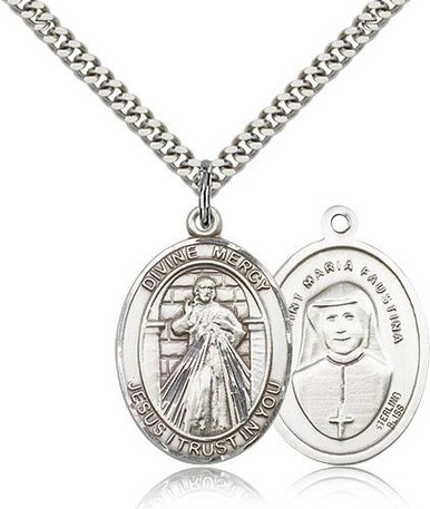 Sterling Silver Divine Mercy Pendant, SN Heavy Curb Chain, Large Size ...