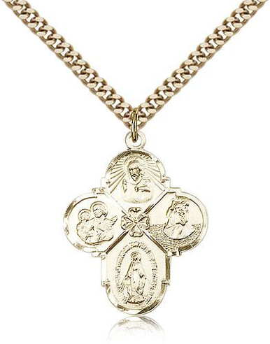 Gold Filled 4-Way Pendant, Stainless Gold Heavy Curb Chain, 1 1/8" x 7/8"