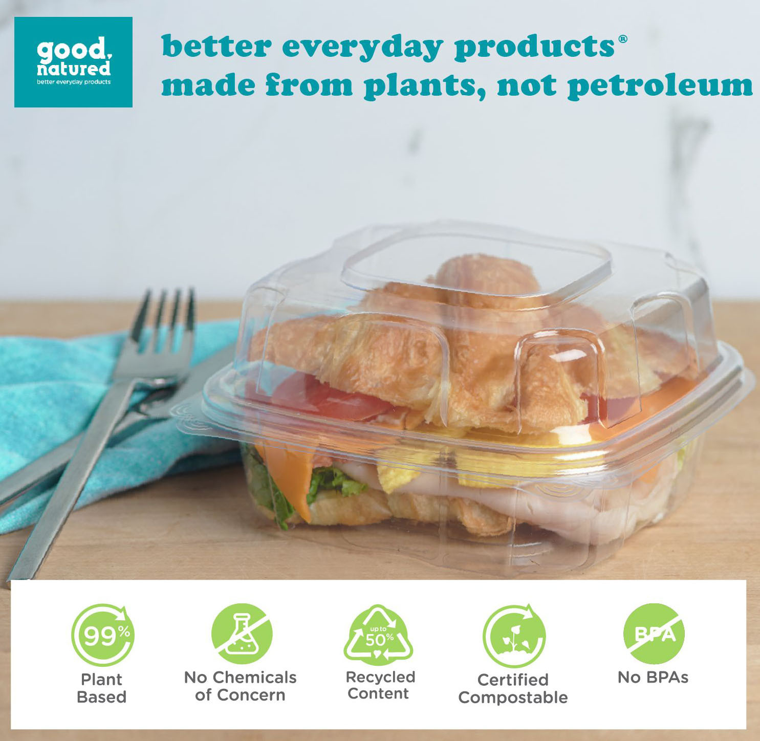 Compostable 6x6x3 PLA Plastic Clamshell Containers | BDV00663