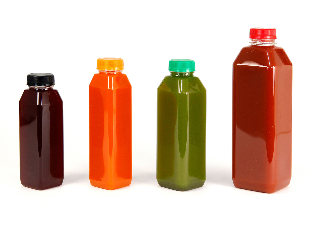 Sample of 12 oz WH Square PET Plastic Juice Bottles