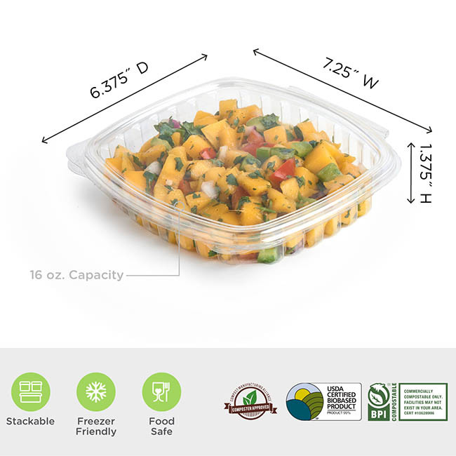 16 oz Compostable PLA Clamshell Deli Containers w/Lids | BDV09006
