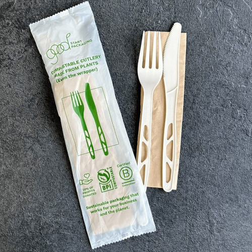 6" Wrapped Compostable Fork & Knife Set w/ Napkin | GSP-FK-WN