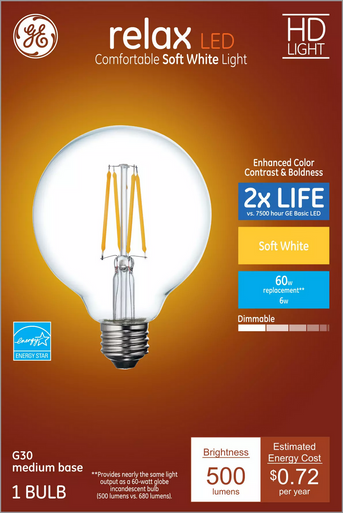 GE Relax LED G30 Globe, soft white, 6 watt, 500 lumen, soft white 2700K ...