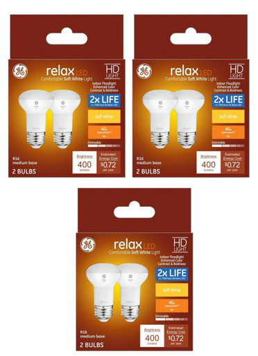 (6 bulbs) GE Relax LED R16, 6 watt, 400 lumen Dimmable, Soft White LED ...