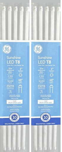 (case of 20 tubes) GE Lighting 30609 Sunshine LED Tube 48 inch T8, 15 watt, 2300 lumen, 5000K ...