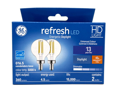 (2 bulbs) GE refresh LED G16.5, Candelabra Base, 4.5 watt, 360 lumen ...
