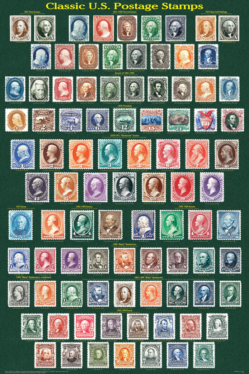 Classic US Postage Stamps Educational Poster 24x36 - The Blacklight Zone