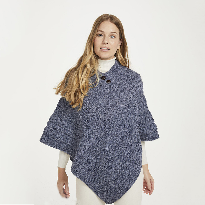 Aran Buttons Cable Knit Merino Poncho | Keilys.com