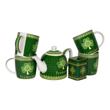 Shamrock Irish Tea Set – 4 Mugs, Teapot & Irish Breakfast Tea
