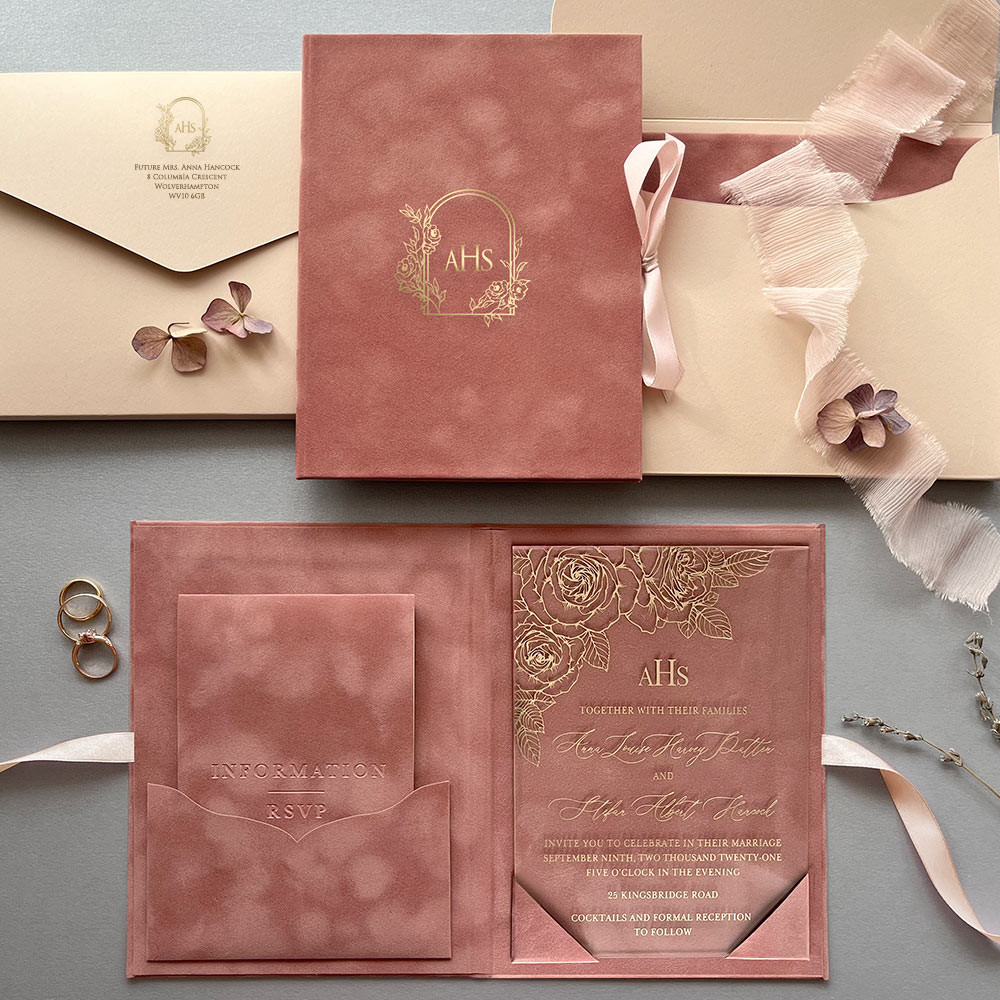 Luxury Pink Wedding Invitations - Velvet Folio Roses