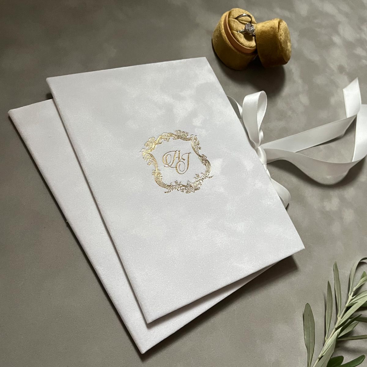 Sample – Royal Style White Velvet Wedding Invitation with Gold Monogram