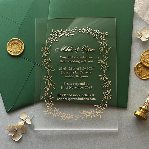 Sample of Foliage Wreath Acrylic Wedding Invitations - Gold Foil ...