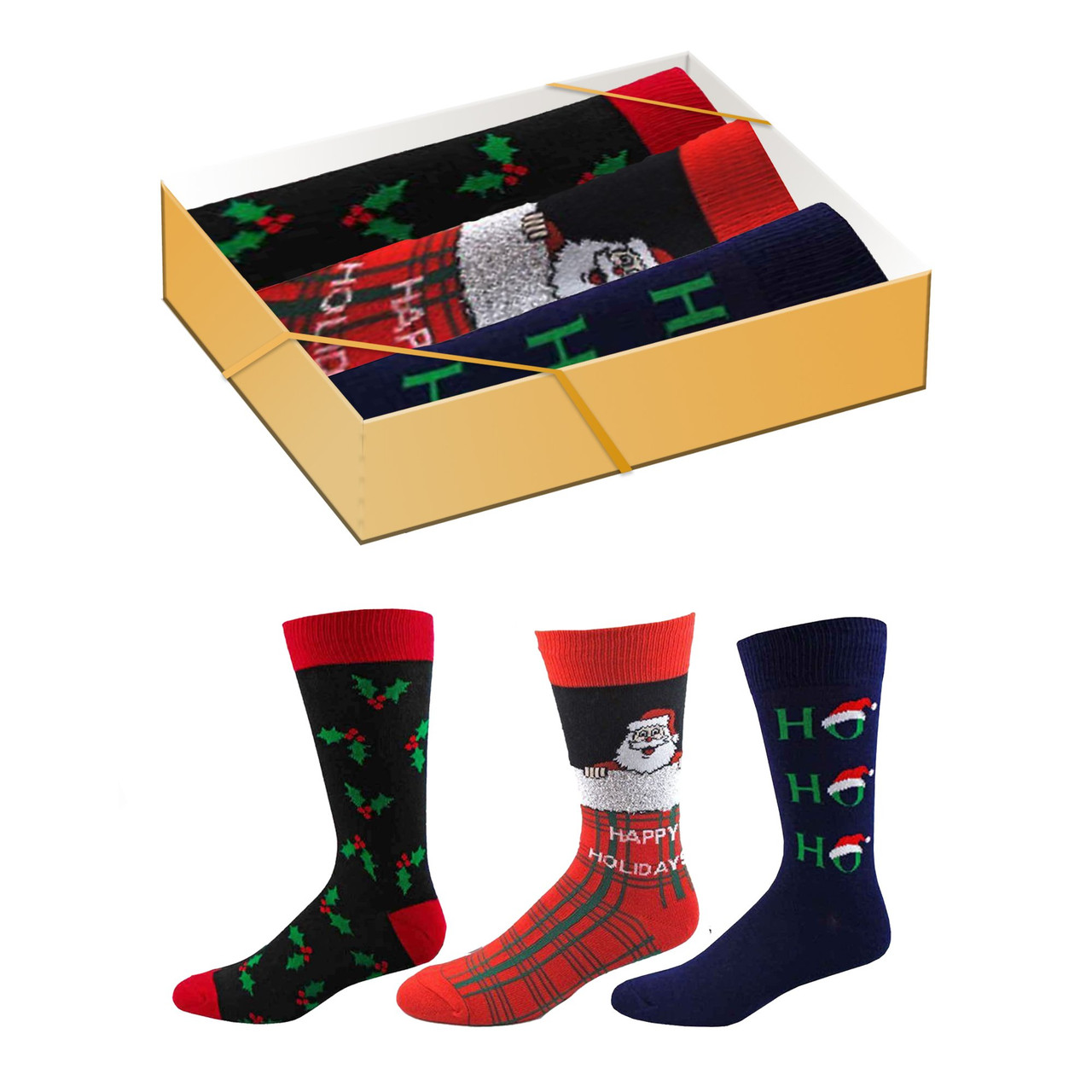 Men's Santa and Hollies Crew Novelty Socks 3 Pair Gift Box Set