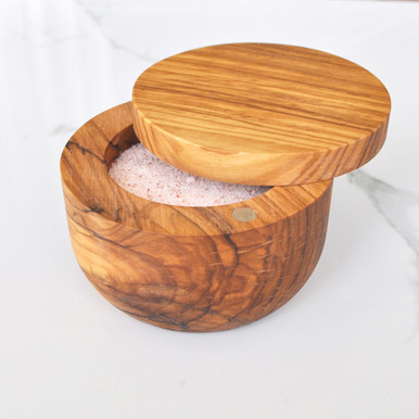 OLIVE WOOD SALT CELLAR WITH MAGNETIC PIVOTING LID - The Olive & The Stone