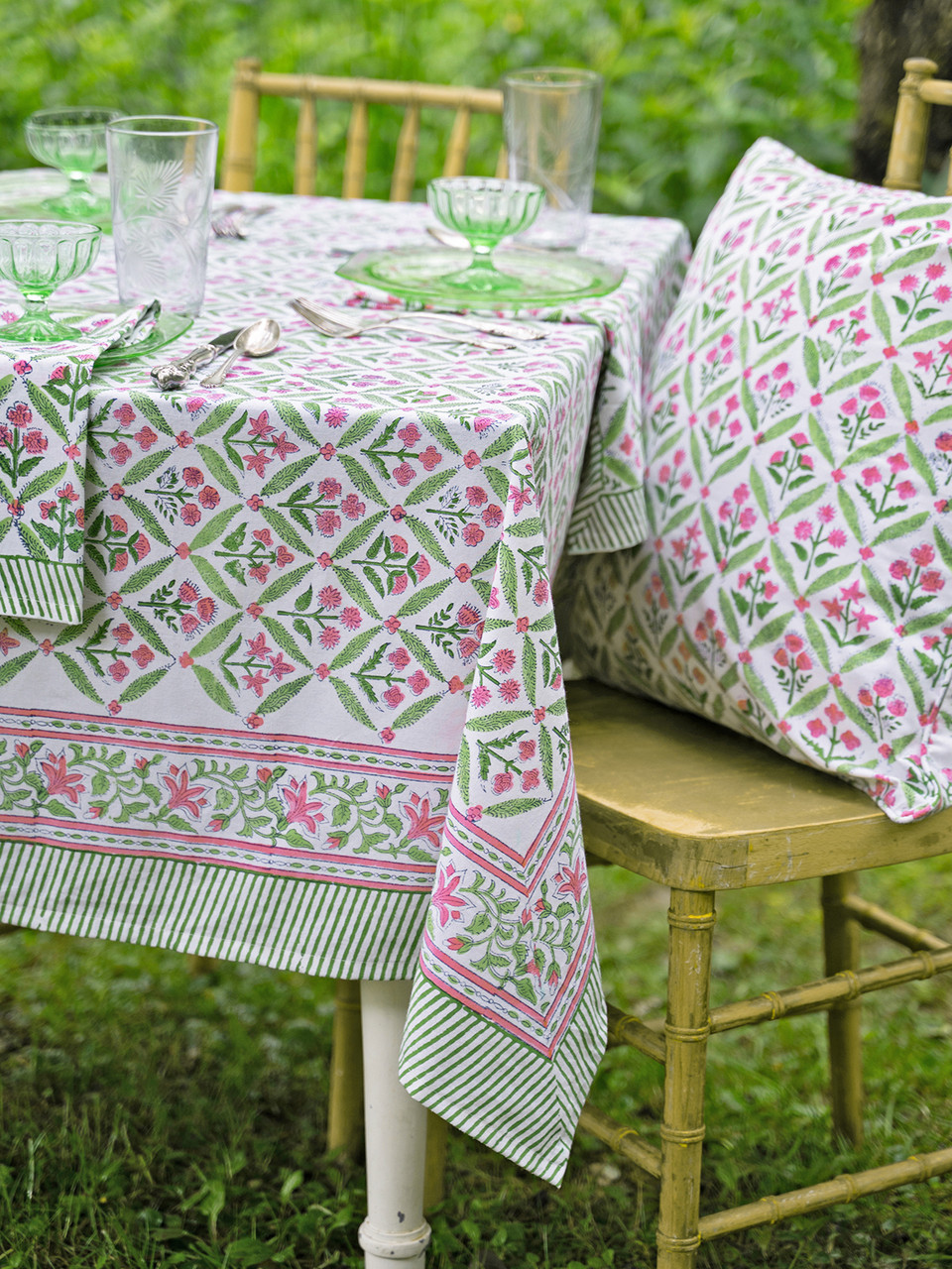 Gazebo Block Print Tablecloth - Pink Green | Shop Beautiful Designs by ...
