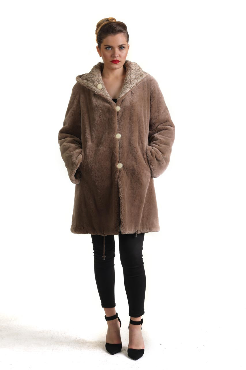 Reversible Beige Sheared Beaver Fur Coat Hooded | SKANDINAVIK FUR