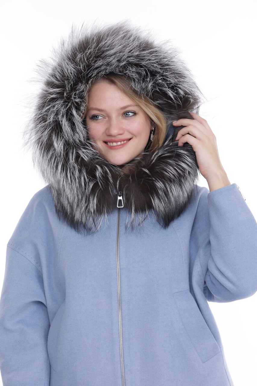 Light Blue Cashmere Wool Jacket with Hood| SKANDINAVIK FUR