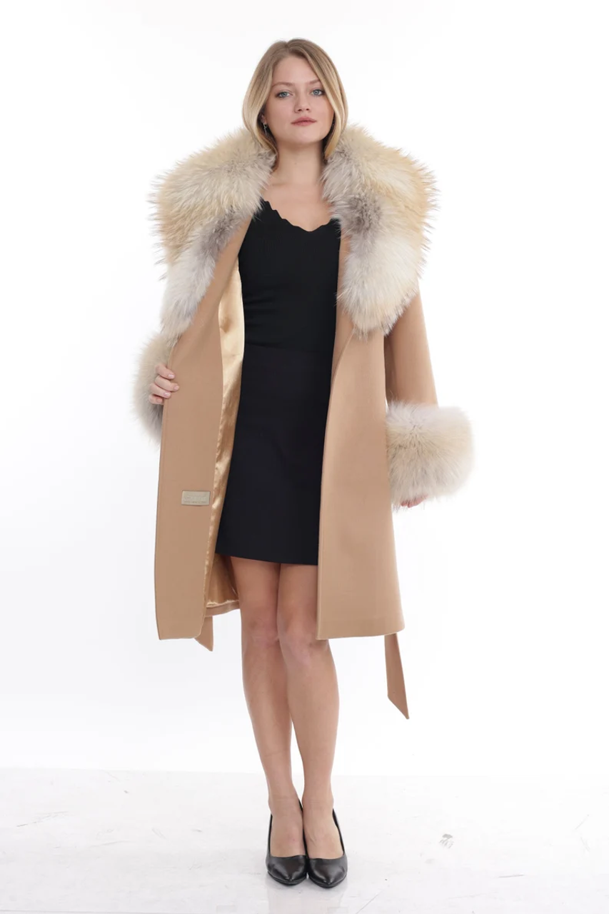 Light Taupe Knee-Length Cashmere Wool Coat Golden Fox| SKANDINAVIK FUR