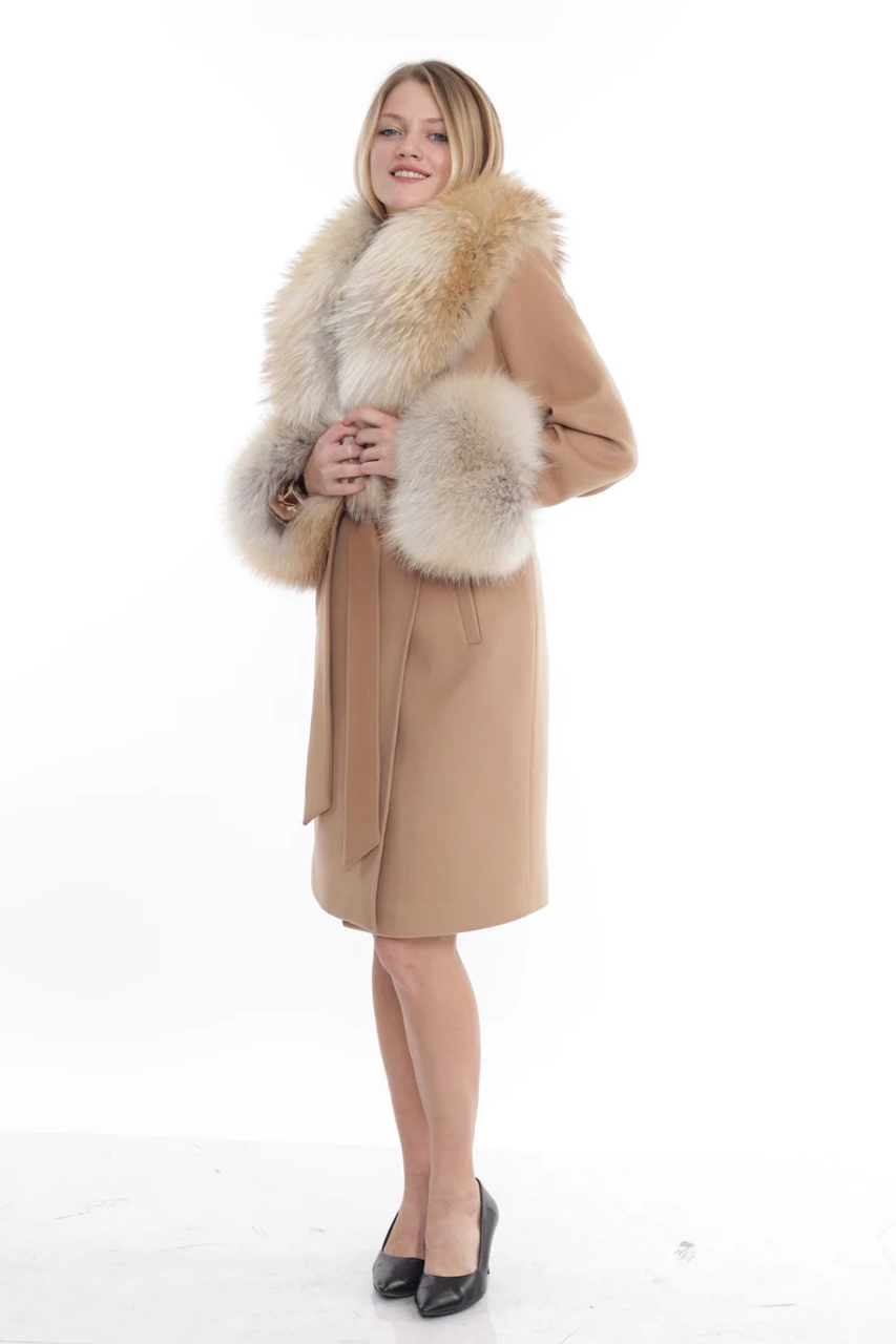 Light Taupe Knee-Length Cashmere Wool Coat Golden Fox| SKANDINAVIK FUR