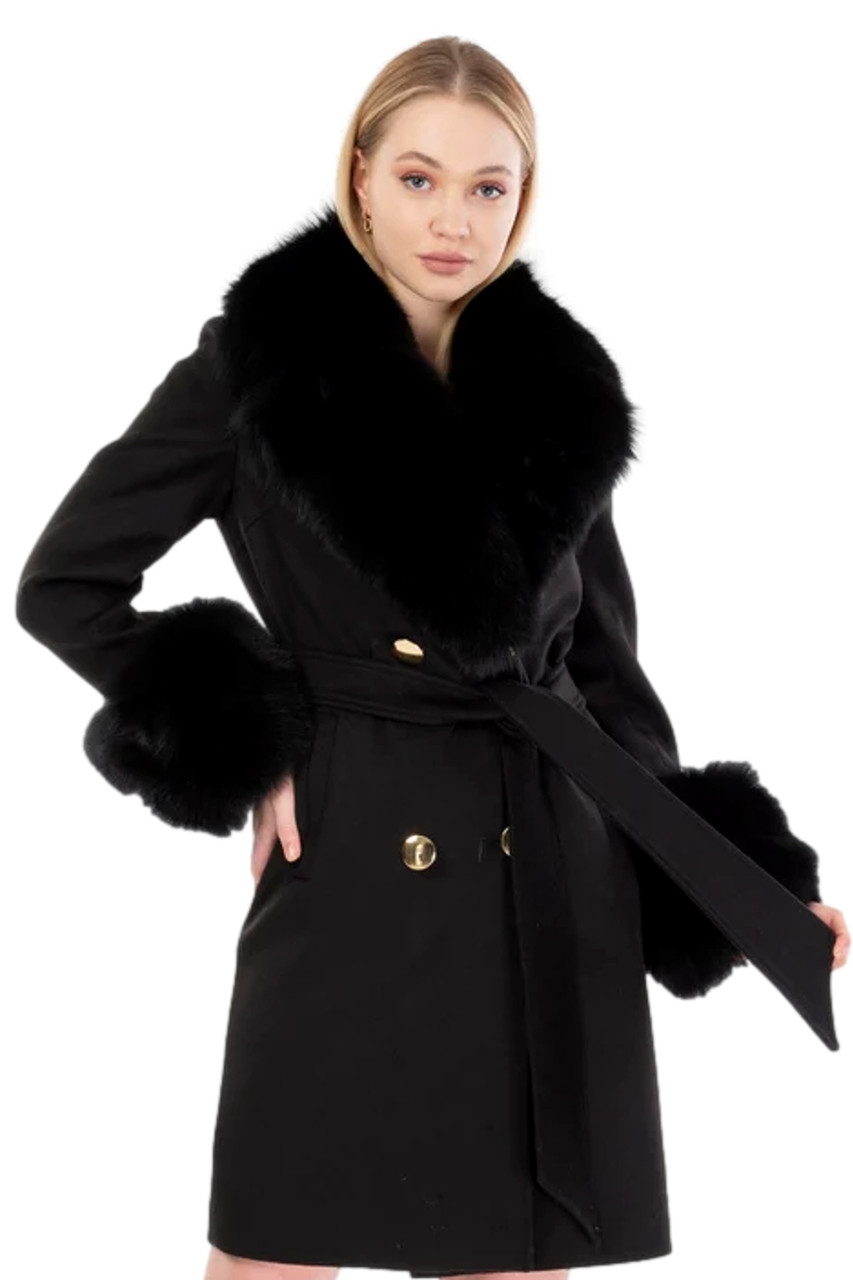 Black Cashmere Wool Coat with Detachable Fox Collar and Cuffs ...