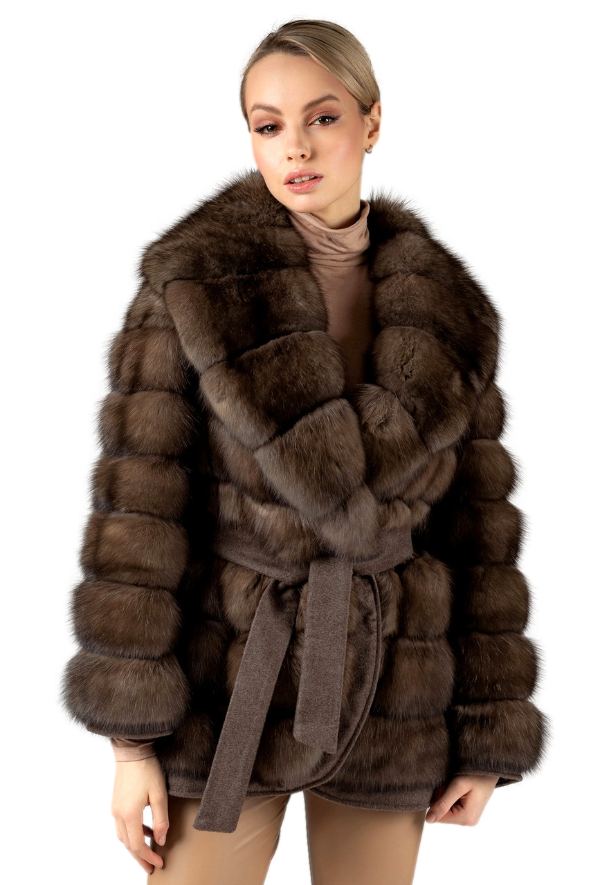 Sable fur coat with v neck collar and cashmere wool belt | SKANDINAVIK FUR