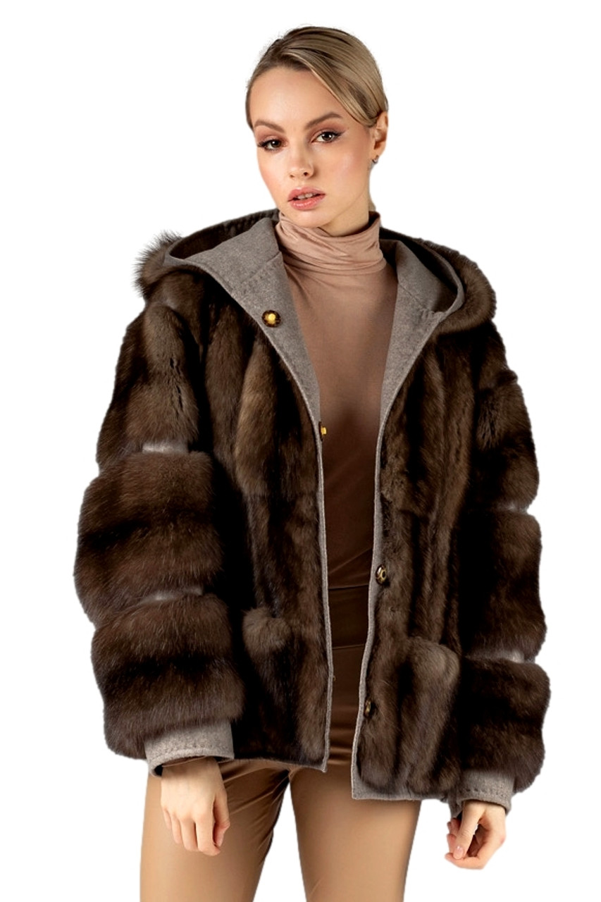 Hooded sable fur coat with cashmere wool details | SKANDINAVIK FUR