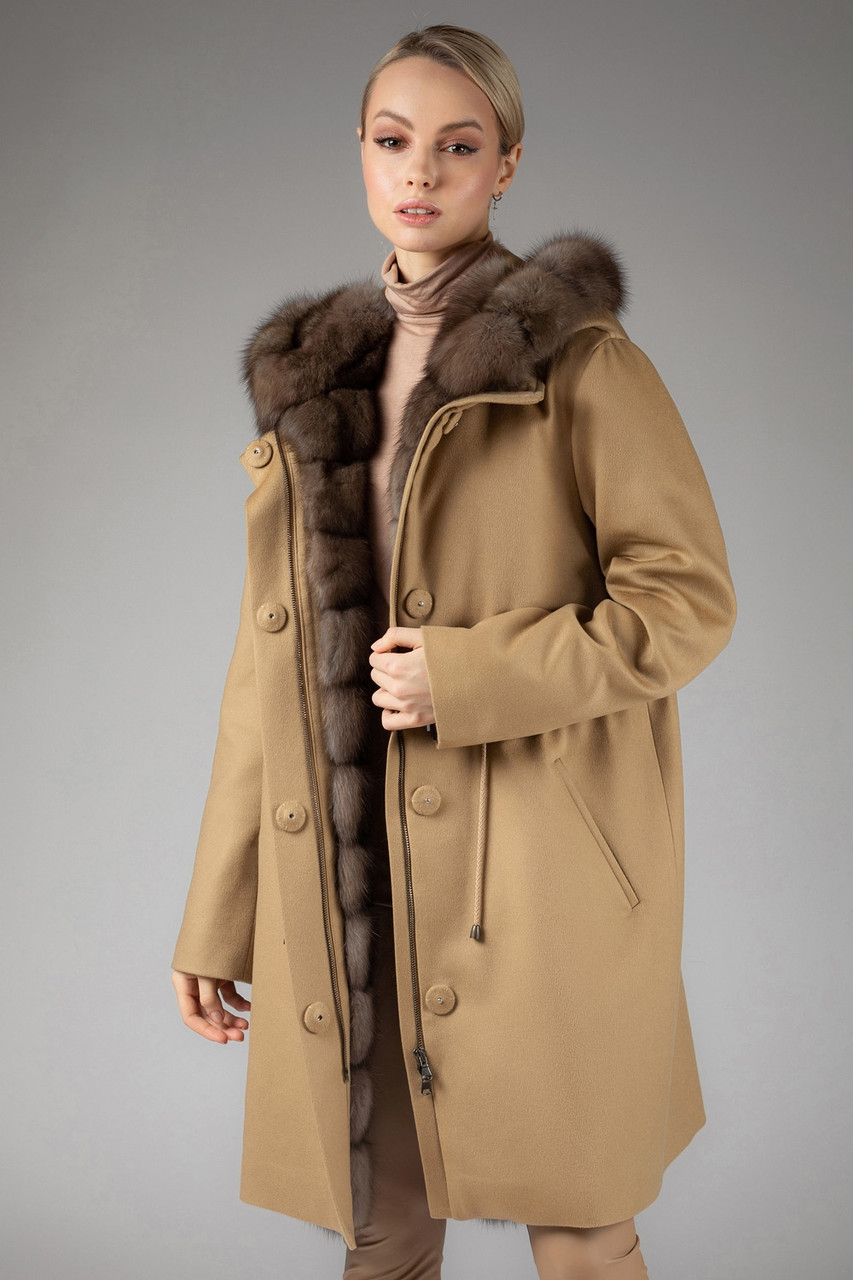 Hooded tan cashmere wool fur coat with sable fur trim | SKANDINAVIK FUR