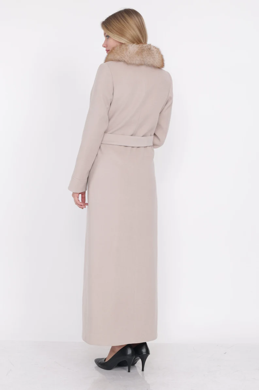 Long gray cashmere wool coat with fox trim | SKANDINAVIK FUR