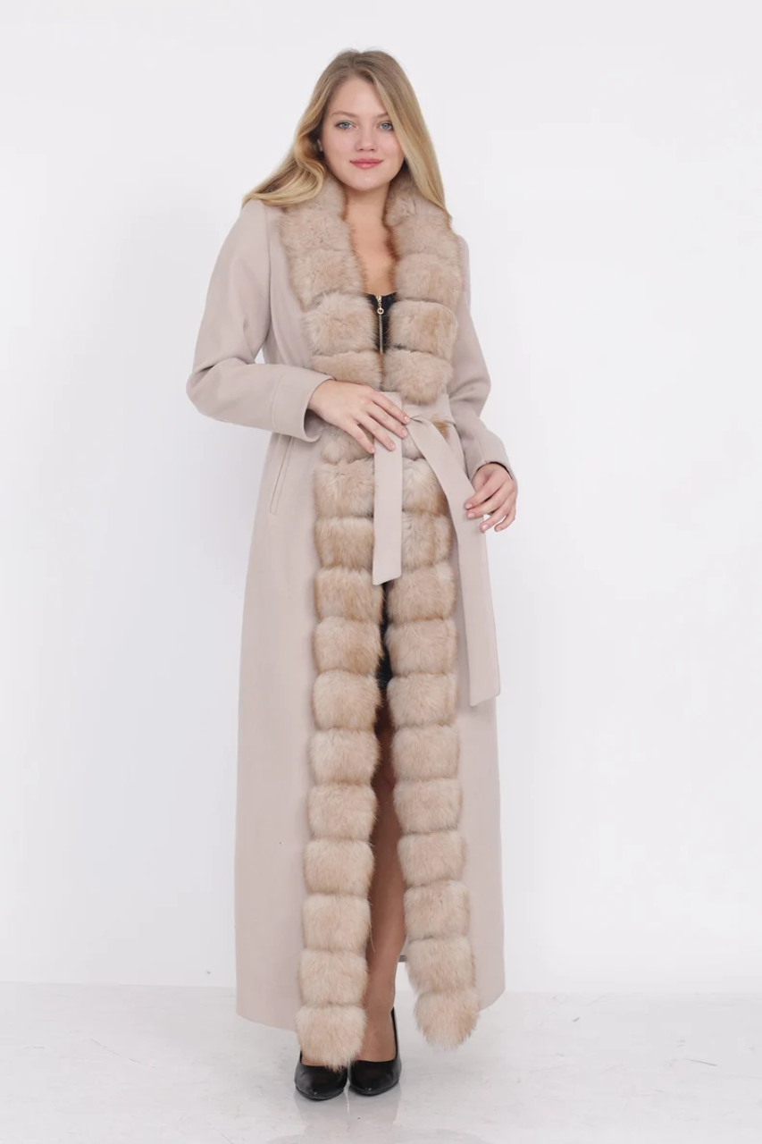 Long gray cashmere wool coat with fox trim | SKANDINAVIK FUR