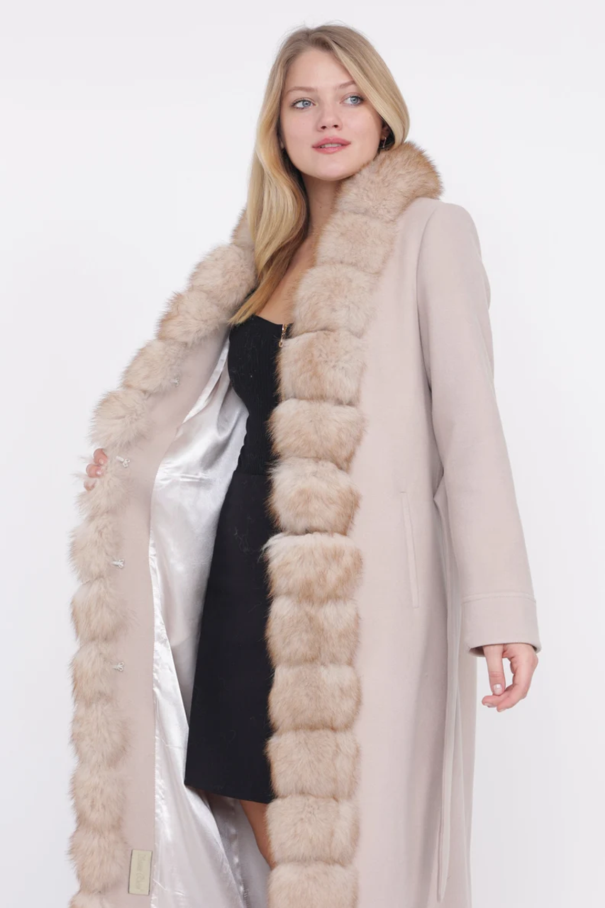 Long gray cashmere wool coat with fox trim | SKANDINAVIK FUR