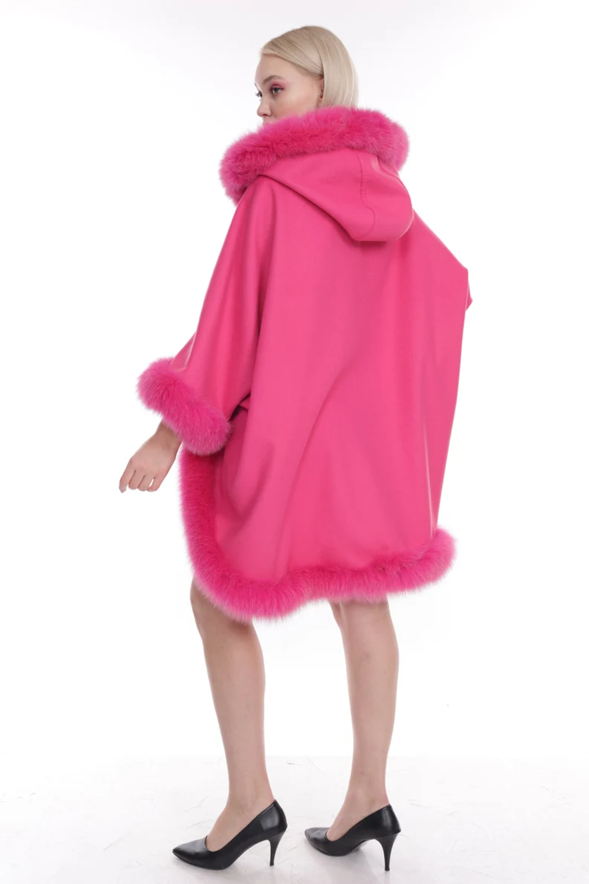 Black Cashmere Wool Cape Hooded Fox Trim | SKANDINAVIK FUR