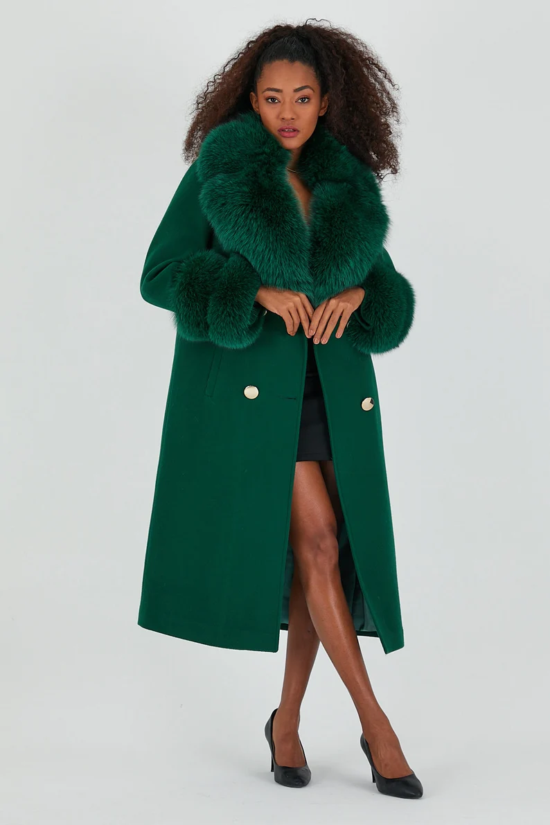 Green Cashmere Wool Coat with Fox Collar | SKANDINAVIK FUR