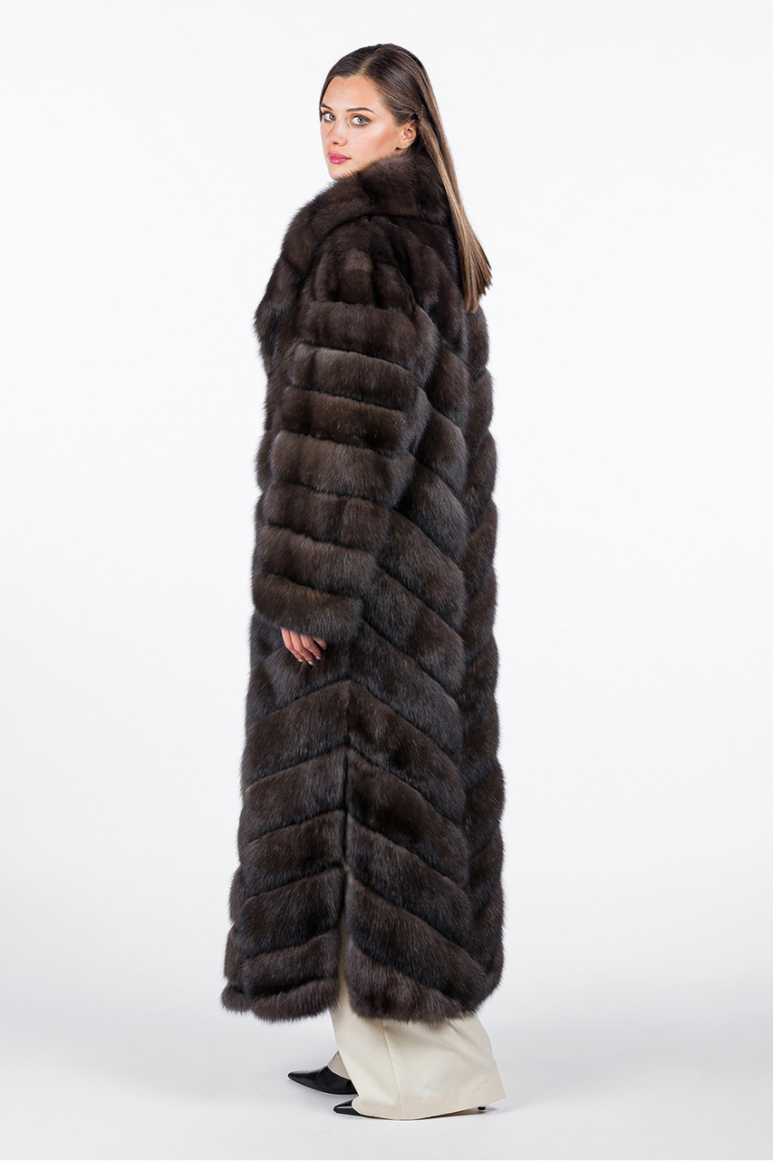 Long Sable Fur Coat Ragnell Shawl Collar Diagonal Pattern ( (1) | SKANDINAVIK FUR