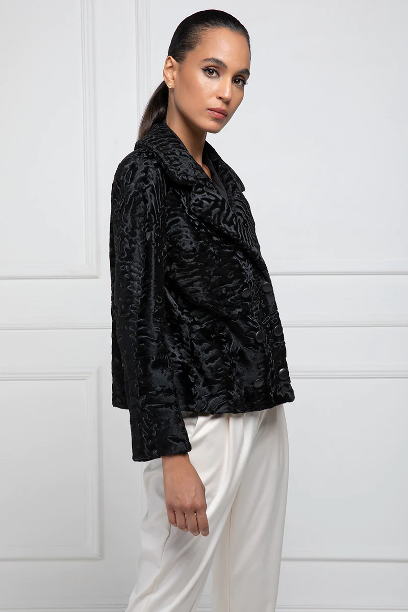 Black Broadtail Short Jacket Overlap Buttons | SKANDINAVIK FUR