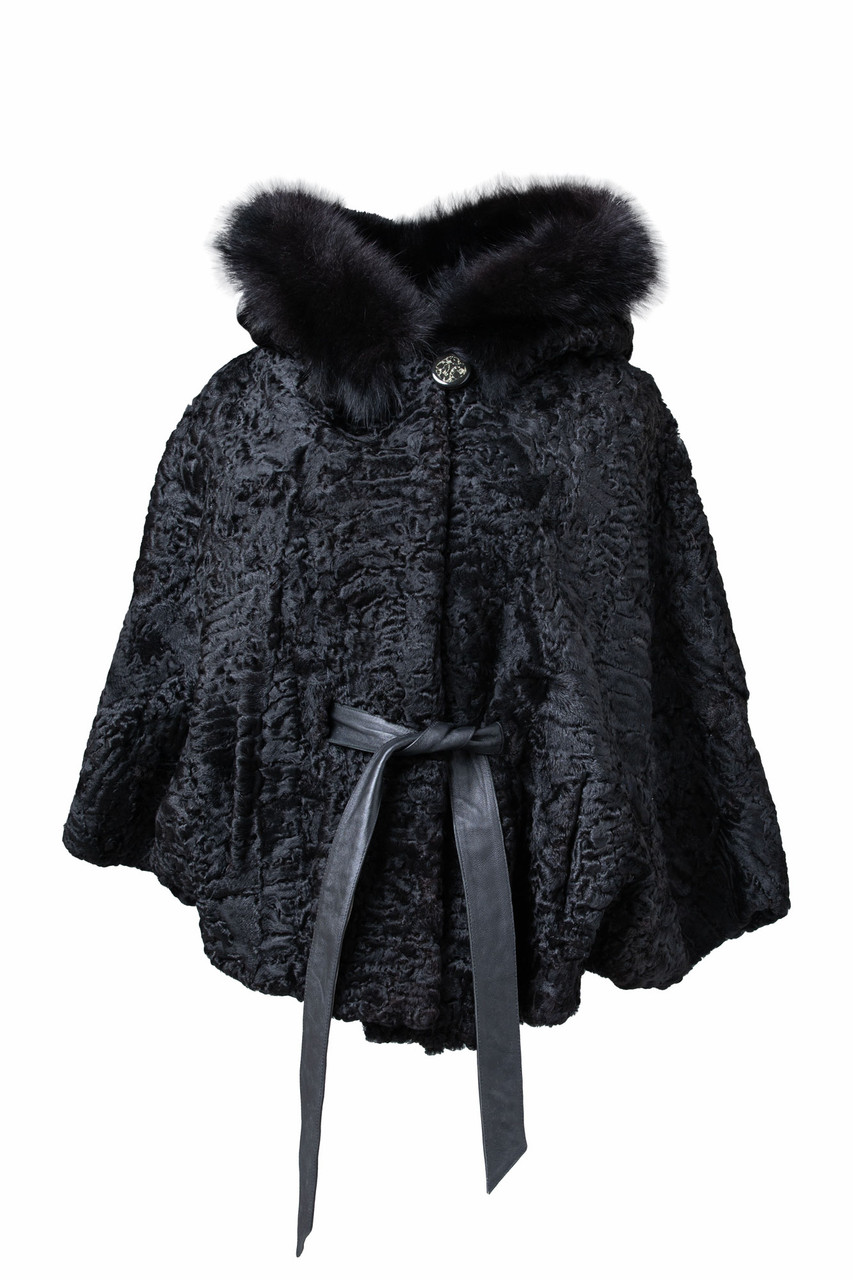 black astrakhan cape hooded with fox trim leather belt