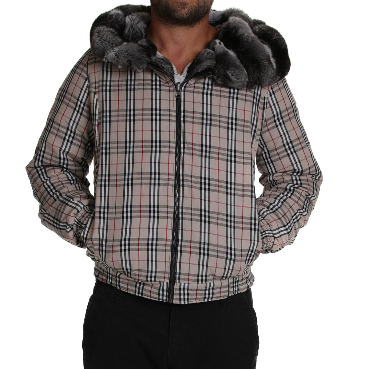 Men's Hooded Chinchilla Fur Bomber Jacket Reversible | SKANDINAVIK FUR