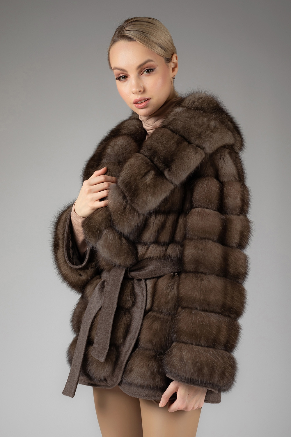 Sable fur coat with v neck collar and cashmere wool belt | SKANDINAVIK FUR