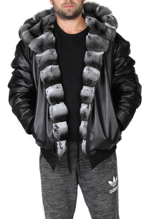 Men's Hooded Chinchilla Fur Bomber Jacket Reversible | SKANDINAVIK FUR