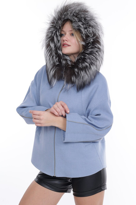 Light Blue Cashmere Wool Jacket with Hood| SKANDINAVIK FUR