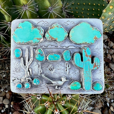 Desert Scene Stamped Turquoise Belt Buckle 2