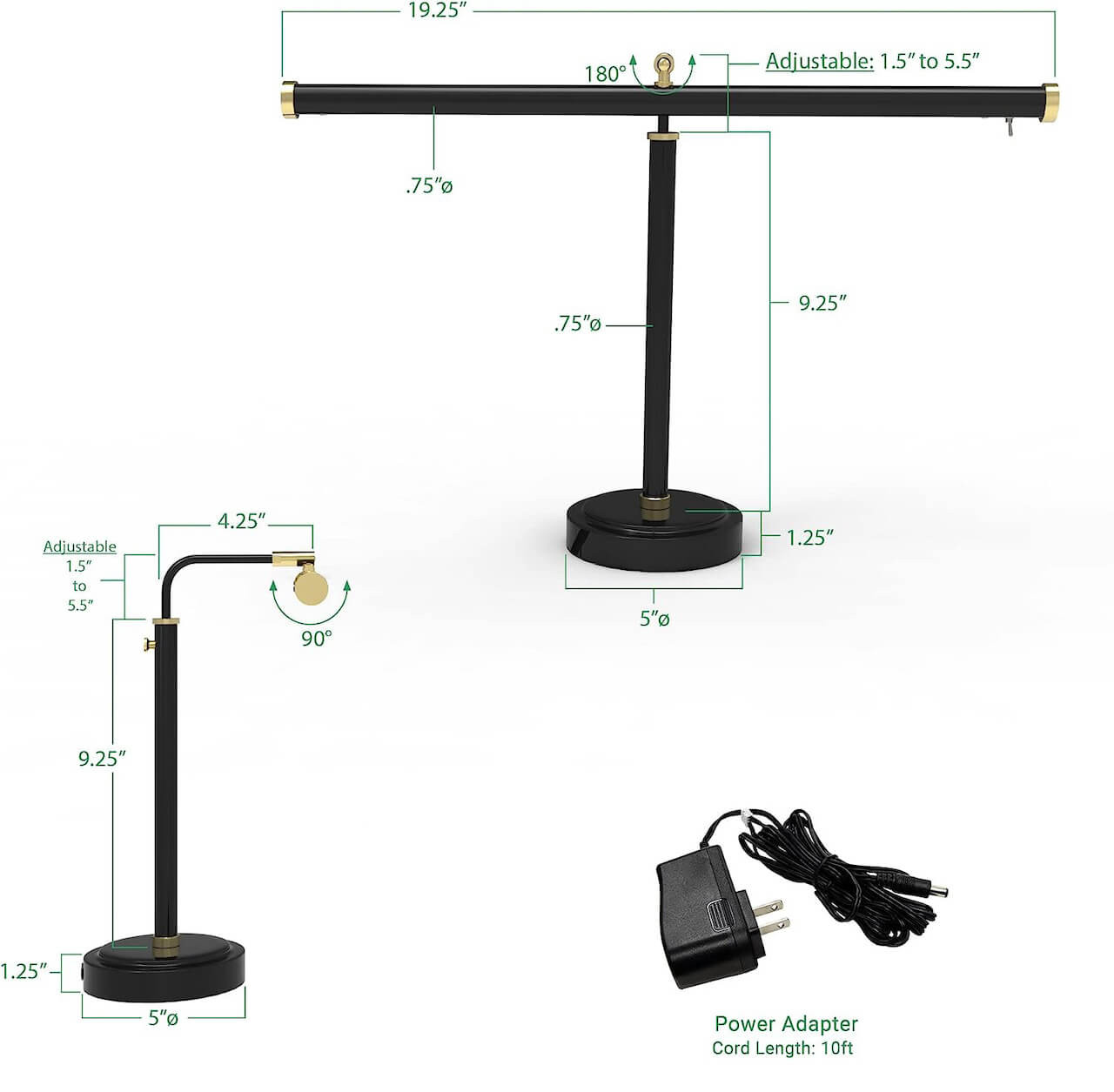 12-16" Ht Adjustable LED Piano Lamp - Black/Brass Accents